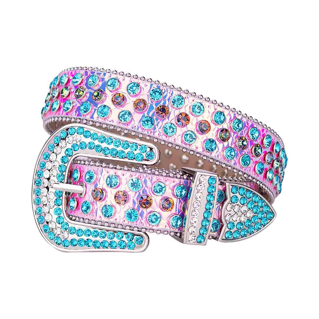 Pink Strap With Multi & Blue Shiny Rhinestone Belt – Rhinestone Belt Store