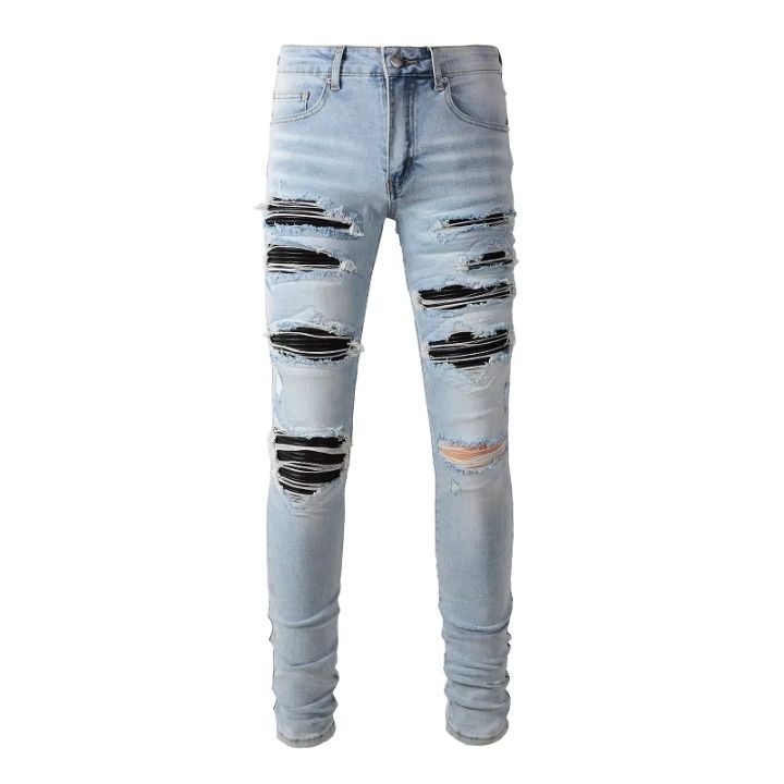 Blue Distressed Leather Patch Skinny Ripped Jeans – Rhinestone Belt Store