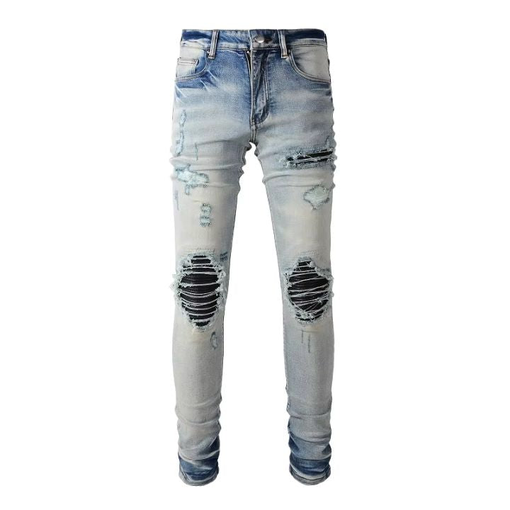 Distressed Blue Leather Patch Slim Fit Ripped Jean – Rhinestone Belt Store