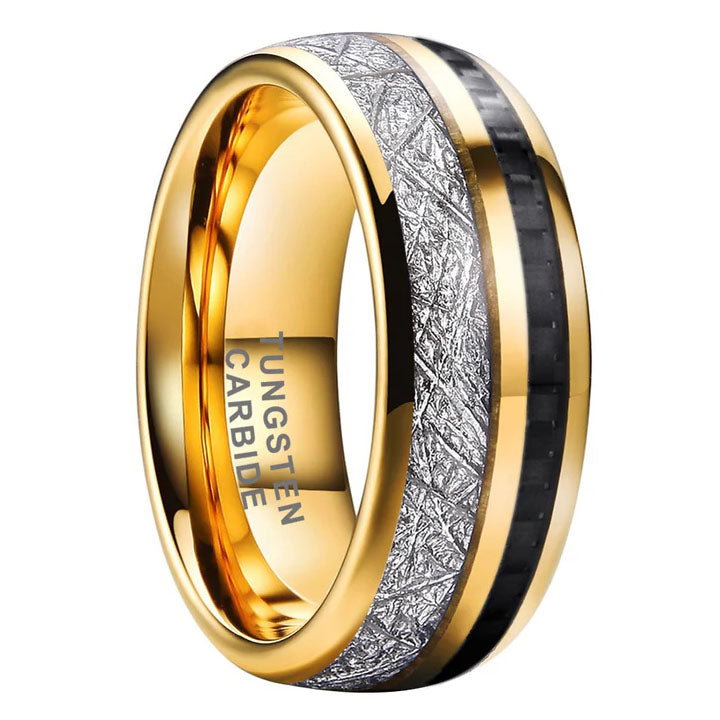 8mm Gold Tungsten Carbide Ring with Meteorite & Carbon Fiber Inlay ...