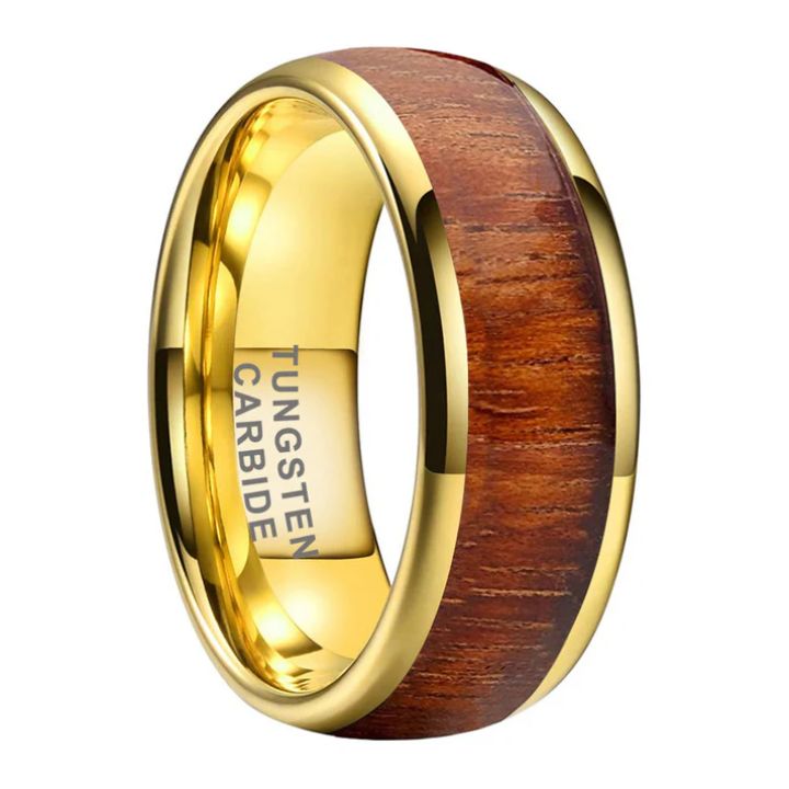 8mm Gold Tungsten Carbide Ring with Natural Koa Wood Inlay – Rhinestone ...
