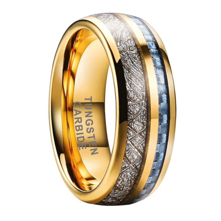 8mm Gold Tungsten Carbide Ring with Meteorite & Blue Carbon Fiber Inla ...