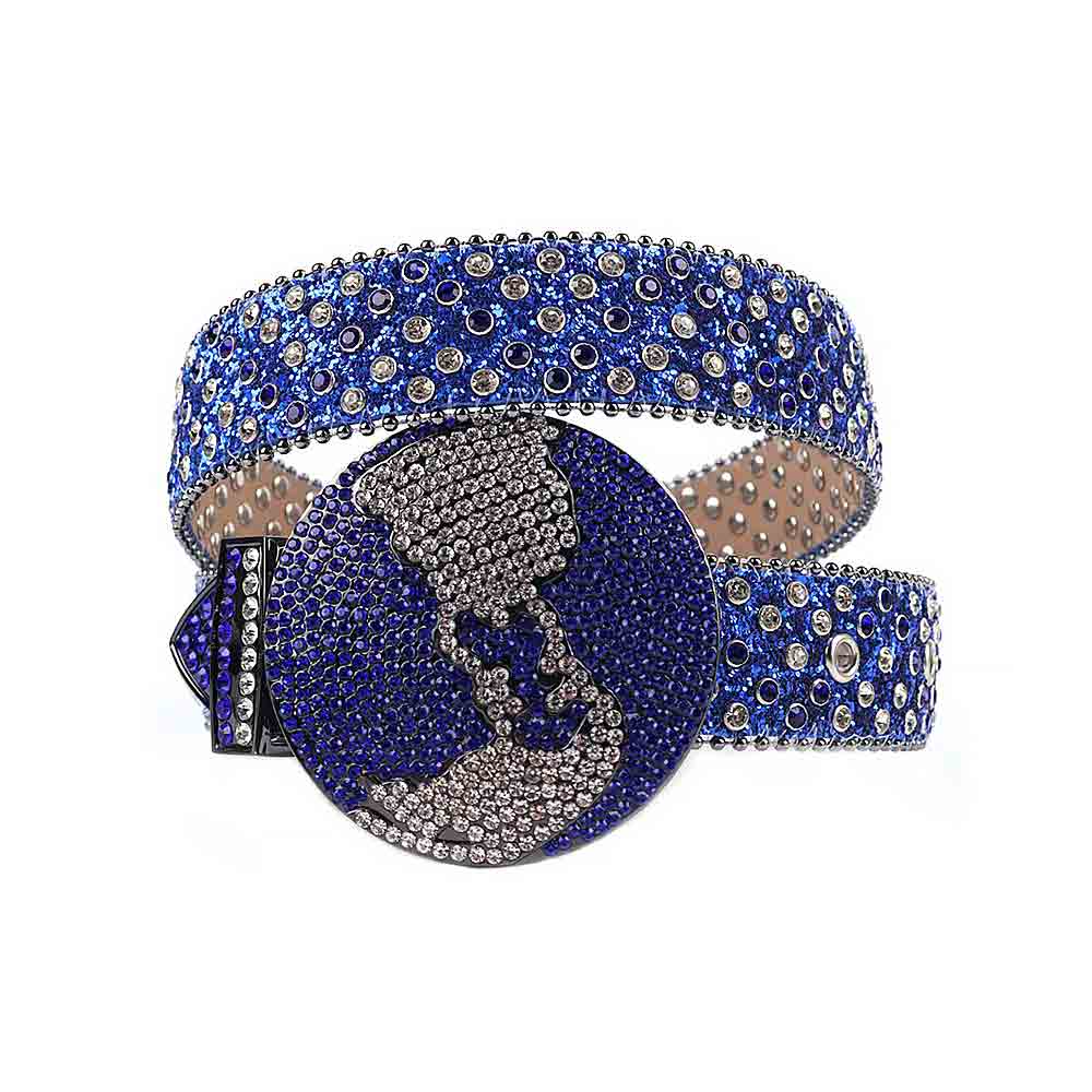 Globe Buckle Rhinestones Leather Belt Blue With Circle Shape Blue And ...