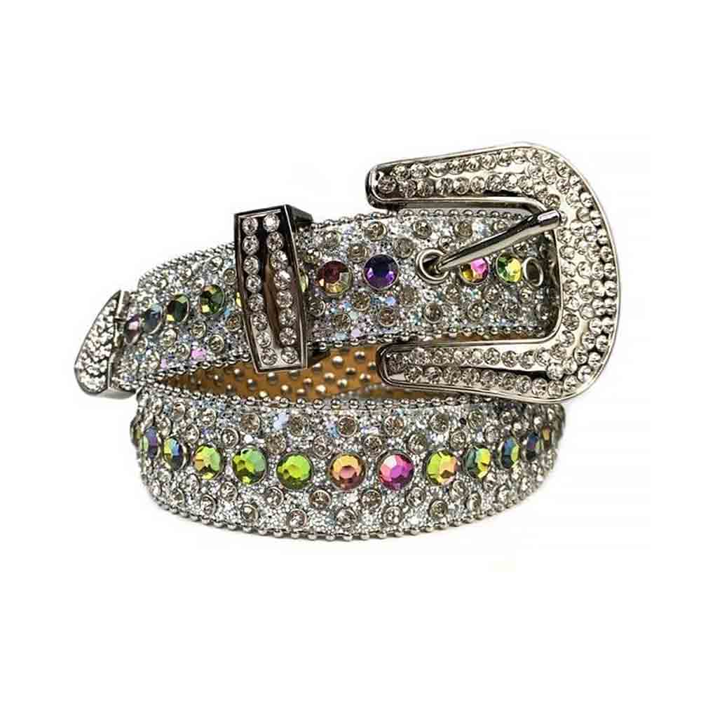 Rhinestones Leather Belt White with Colors Stones – Rhinestone Belt Store